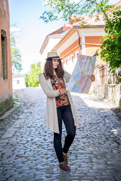 Girl Tourist Exploring The City Map Stock Image Image Of Pavement