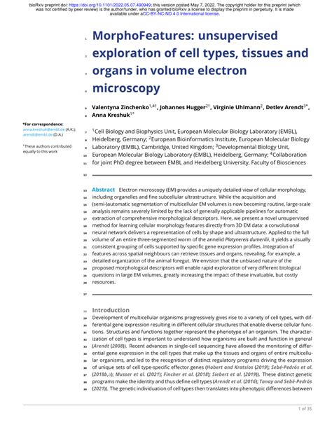 Pdf Morphofeatures Unsupervised Exploration Of Cell Types Tissues And Organs In Volume
