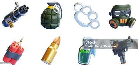 3d 군사 장비 세트 Uzi 하위 기계 가스 마스크 Tnt 폭발물 수류탄 총알 화염병 칵테일 황동 너클 무기 전투 전투 탄약 육군 Ux Ui 웹 디자인 요소 3d 렌더링