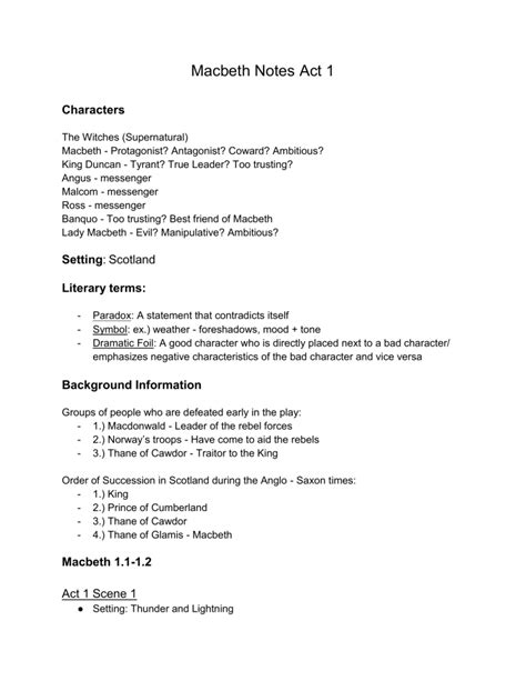 Macbeth Act 1 Notes Characters Themes And Analysis