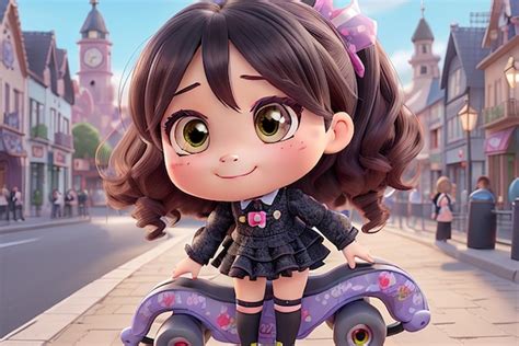 Premium Photo A Cute Catoon Style Girl Is Playing On The Street