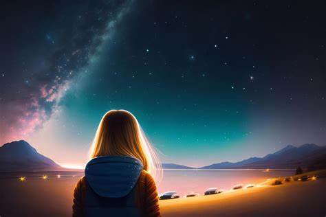 Posterior Ver De Joven Mujer Mirando A Noche Cielo Con Aurora Borealis