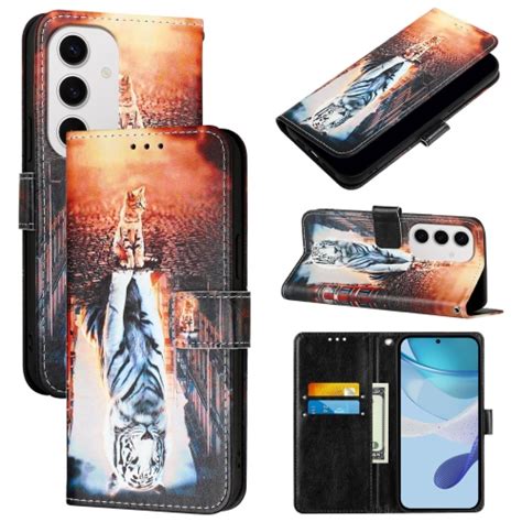 삼성 갤럭시 S24 Fe 5g 컬러 드로잉 패턴 플레인 위브 가죽 폰 케이스고양이와 호랑이