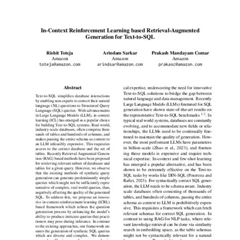 In Context Reinforcement Learning With Retrieval Augmented Generation For Text To Sql Acl