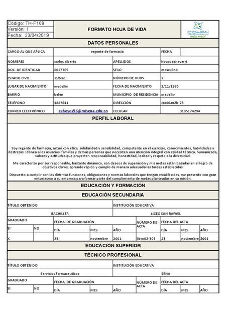 Hoja De Vida Excel Cohan Pdf Farmacia Farmacéutico