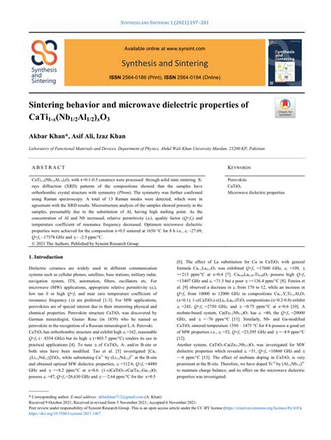 Pdf Sintering Behavior And Microwave Dielectric Properties Of Cati1 X Nb1 2al1 2 Xo3