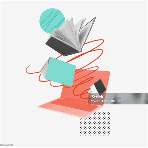 현대 미술 콜라주 개념적 이미지 온라인 정보 검색의 인기를 상징하는 노트북으로 떨어지는 종이 책 합성사진에 대한 스톡 사진 및 기타 이미지 Istock