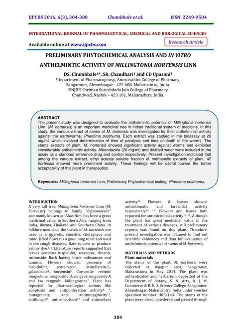 Pdf Preliminary Phytochemical Analysis And In Vitro Anthelmintic Activity Of Millingtonia