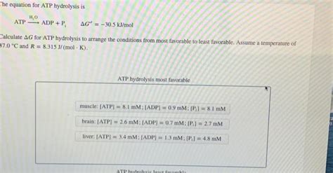 Solved The Equation For Atp Hydrolysis Is
