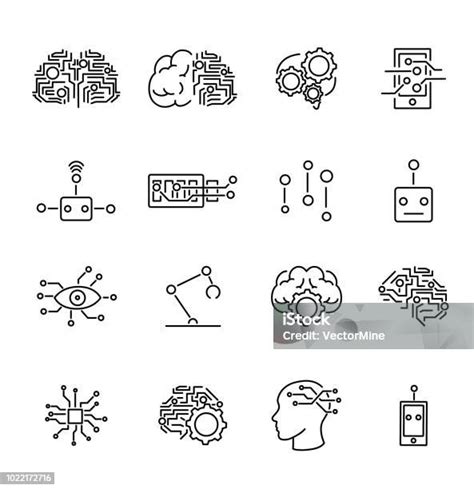 추상적인 두뇌 인공 지능 로봇 개요 아이콘 모음 마이크로 칩 하 고 로봇 바디 부품 기호 미래의 컴퓨터 기술 과학 아이콘 설정합니다 공학에 대한 스톡 벡터 아트 및 기타