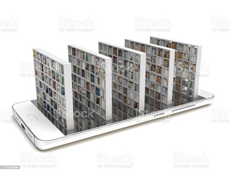 흰색 배경에 격리 된 스마트 폰 화면에 책이있는 책장 휴대 전화의 전자 라이브러리 원격 교육 및 자기 학습 온라인 도서 창의적인 컨셉 3d 렌더링 책에 대한 스톡 사진 및