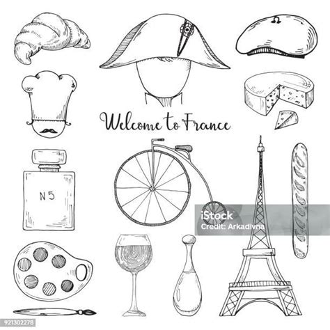 프랑스 문화 요소의 집합입니다 프랑스에 환영 합니다 벡터 일러스트 스케치 스타일입니다 프랑스에 대한 스톡 벡터 아트 및 기타