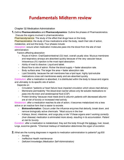 Midterm Review Study Guide With Answers Fundamentals Midterm Review Chapter Medication