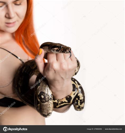 Sexy Redhead Woman Holding Snake Close Up Photo Girl With Pygmy Python