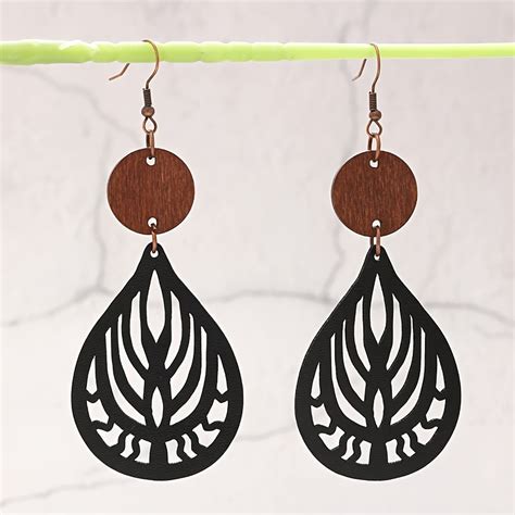 Black Carved Pattern Dangle Earrings Retro Elegant Style Pu Temu