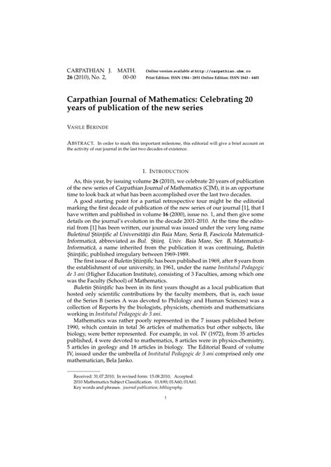 Pdf Carpathian Journal Of Mathematics Celebrating 20 Years Of Publication Of The New Series