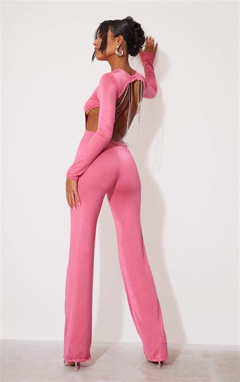 Tall Hot Pink Slinky Diamante Back Jumpsuit Tall Plt