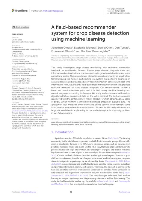 Pdf A Field Based Recommender System For Crop Disease Detection Using Machine Learning