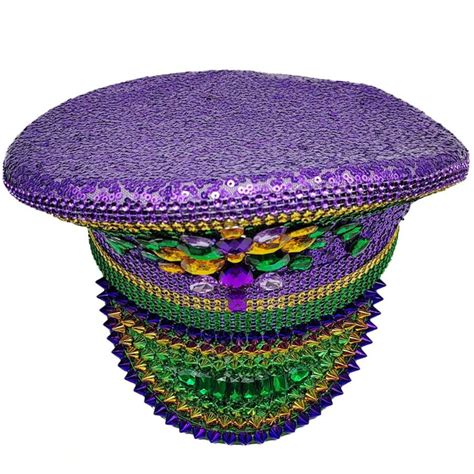 Purple Gold And Green Dazzling Mardi Gras Hat Sequin Captain Hat For