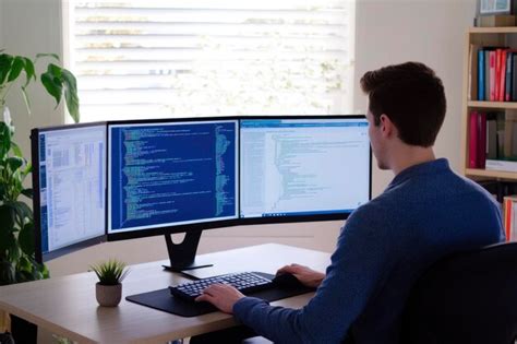 Man Working On A Computer With Multiple Monitors And Code On The Screen Premium AI Generated Image