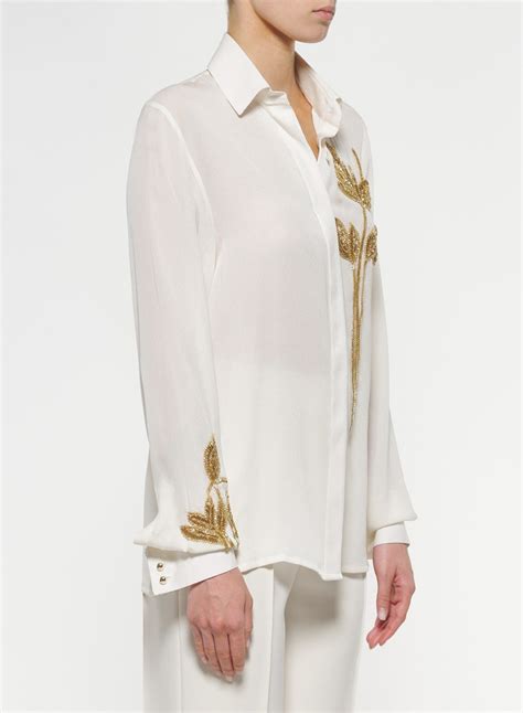 White Blouse Hand Worked Gold Motif Bow Neck Shirt Etsy