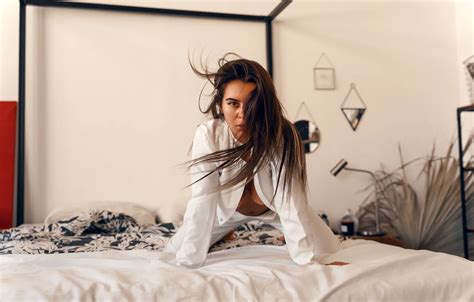 Wallpaper Look Girl Pose Bed Long Hair Andrey Zhukov Svetlana
