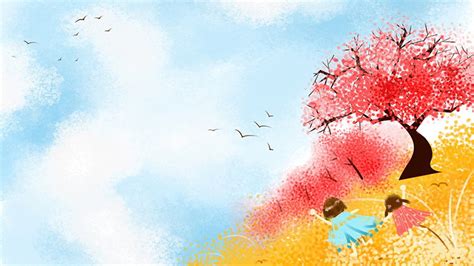 卡通天空花树小朋友PPT背景图片 第一PPT