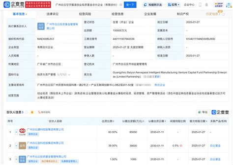 广州白云空天智造创投基金登记成立管理企业股权投资