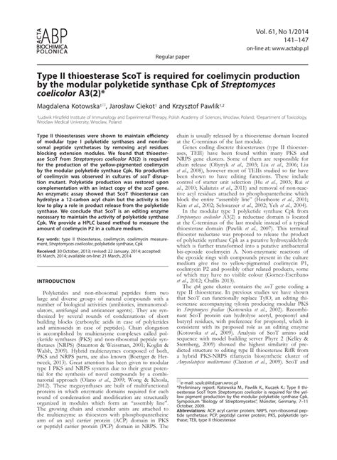 Pdf Type Ii Thioesterase Scot Is Required For Coelimycin Production By The Modular Polyketide