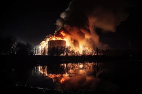 Vista De Gran Explosión E Incendio En Planta De Energía Generativa Ai
