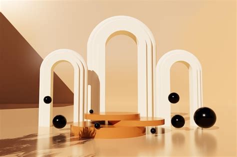 제품 디스플레이 스탠드 빈 무대 스튜디오 배경 3d 렌더링을 위한 주황색 연단 받침대 연단 프리미엄 사진