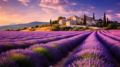 Lavender Fields At Sunset In Provence France Background Flower Purple