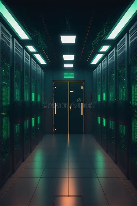 Data Server Racks Room With Big Data Computer Center Green Corridor