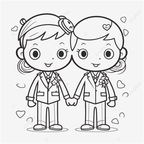 정장을 입은 두 사람 색칠하기놀이 벡터 기본 간단한 귀여운 만화 결혼 개요 흰색 배경에 고립 어린이 색칠 페이지 Png