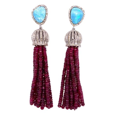 Two Hundred Carat Burma Ruby Beads Diamond Tassel Earrings For Sale At