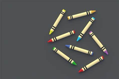 회색 배경에 왁스 크레용을 뿌립니다 화려한 연필 학교 개념으로 돌아 가기 유치원 교육 공간을 복사합니다 상단 보기 3d 렌더링 3차원 형태에 대한 스톡 사진 및 기타 이미지