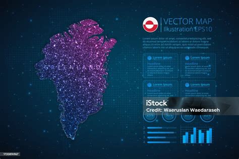 그린란드 지도 인포그래픽 템플릿은 다이어그램 그래프 프리젠테이션 및 파란색 배경에 추상적인 기하학적 메쉬 다각형 조명 개념이