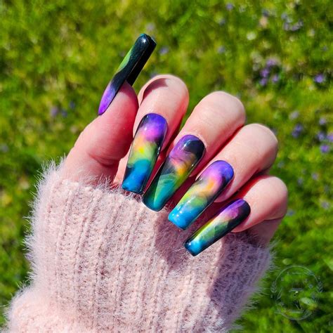 Neon Smoke Press On Nails Summer Pigment Black Nails Rainbow