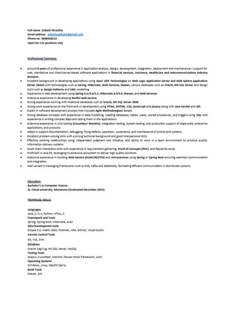 Resume Sample Java Developer Usa Format Pdf Angular Js Spring
