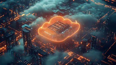 Futuristic Cityscape Cloud Computing Digital Neon Orange Glow Network Data Center Server
