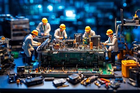 Miniature Technicians Team Of Engineers Repairing Computer Stock Image