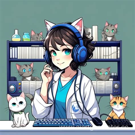 Darkhaired Chemist Gamer With Cat Ear Headphones Ai Art Generator