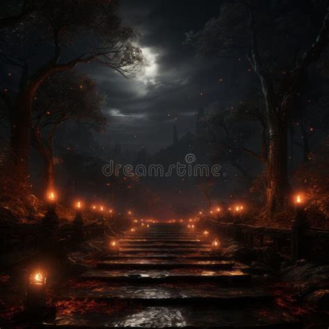 A Dark Path With Candles And Trees At Night Stock Illustration Illustration Of Spooky