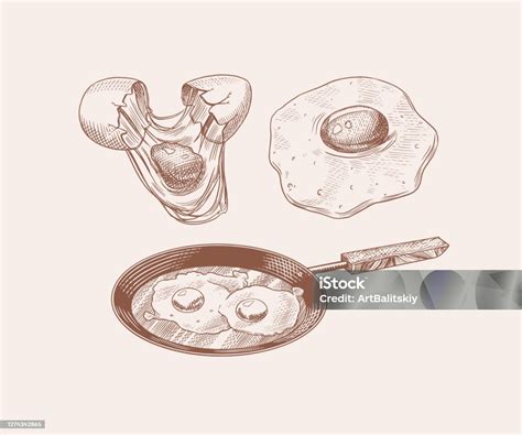 튀긴 계란과 스크램블 오믈렛 쉘 노른자를 곁들인 프라이팬 팜 제품 손으로 그린 빈티지 스케치 우드 컷 스타일 메뉴 또는 포스터에