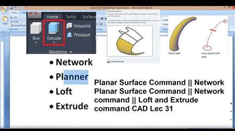 Planar Surface Command Network Command Loft And Extrude Command Cad Lec 31
