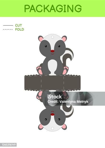 Diy 파티 호의 상자 다이 컷 템플릿 디자인 생일 과자 사탕 작은 선물에 대한 귀여운 스컹크와 아기 샤워 인쇄 가능한 색상 구성표입니다 인쇄 잘라내기 접기 접착제 벡터