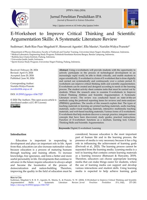 Pdf E Worksheet To Improve Critical Thinking And Scientific Argumentation Skills A Systematic
