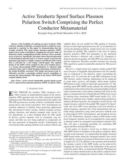 Pdf Active Terahertz Spoof Surface Plasmon Polariton Switch Comprising The Perfect Conductor