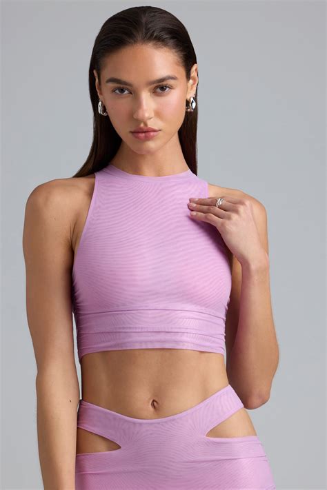 Mila Metallic Ruched High Neck Top In Violet Pink Oh Polly