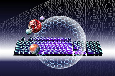 Ai와 나노 기술의 원자와 분자의 구형 이미지 키보드는 그래 핀과 바이너리 코드로 둘러싸여 있습니다 Dna에 대한 스톡 사진 및 기타 이미지 Istock